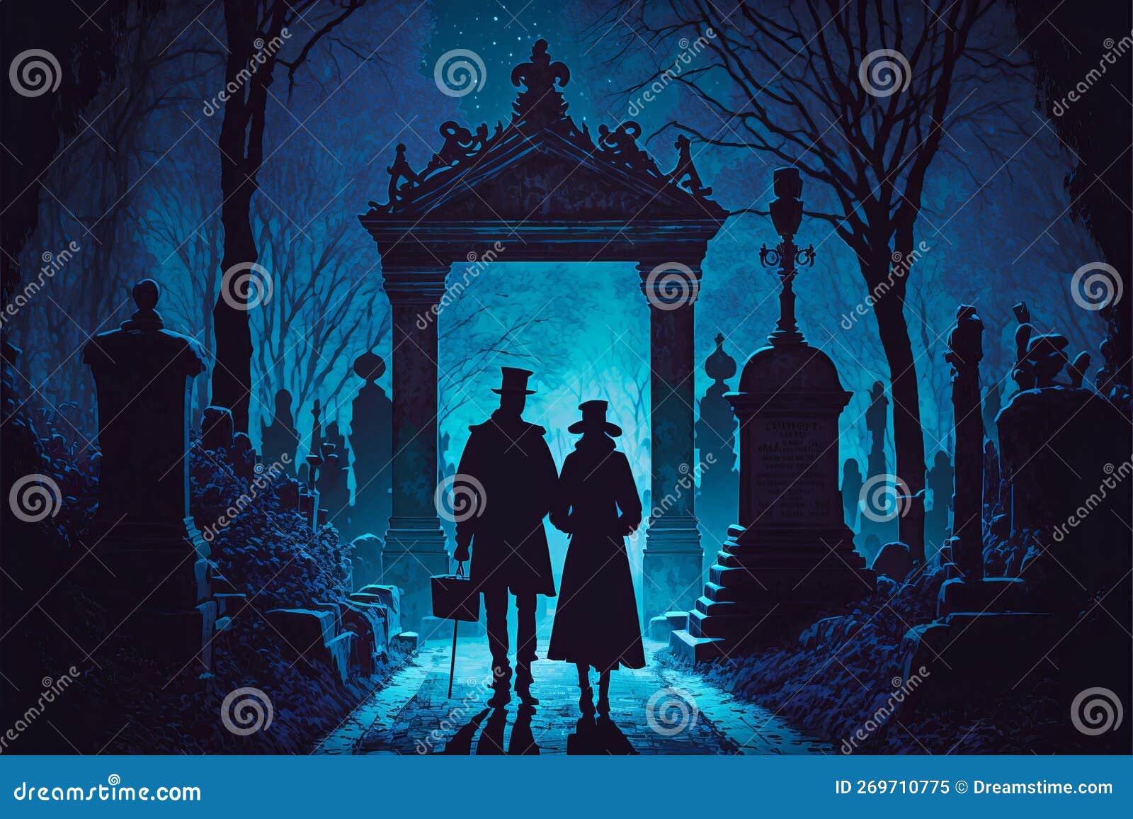 Romantic Walk through a Cemetery (Generative AI) Stock Illustration ...