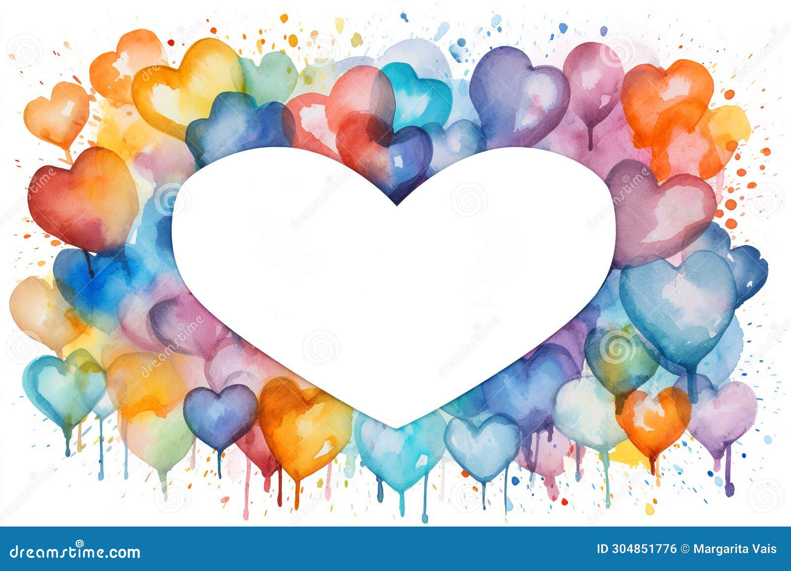 Romantic Watercolor Border Frame with Multicolored Hearts and Empty ...