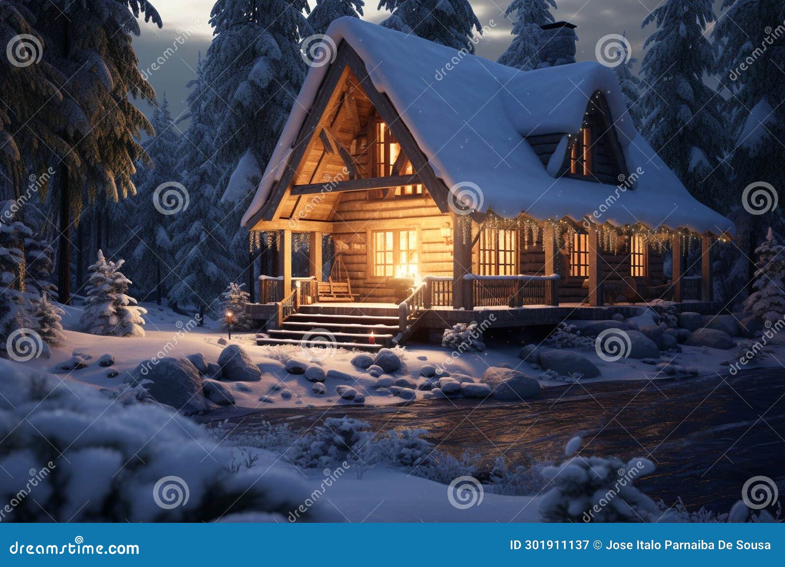 Romantic Winter Cabin Getaway Scenes for Stock Illustration ...