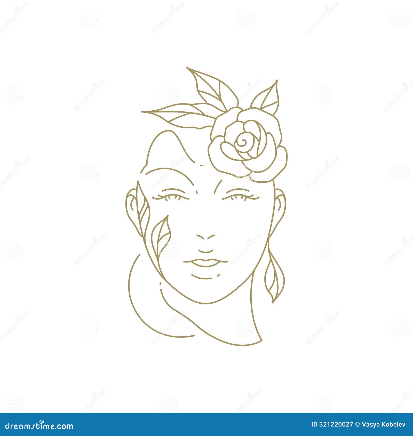 Romantic Woman Face With Rose Flower Leaves Hairstyle Minimal Line Art