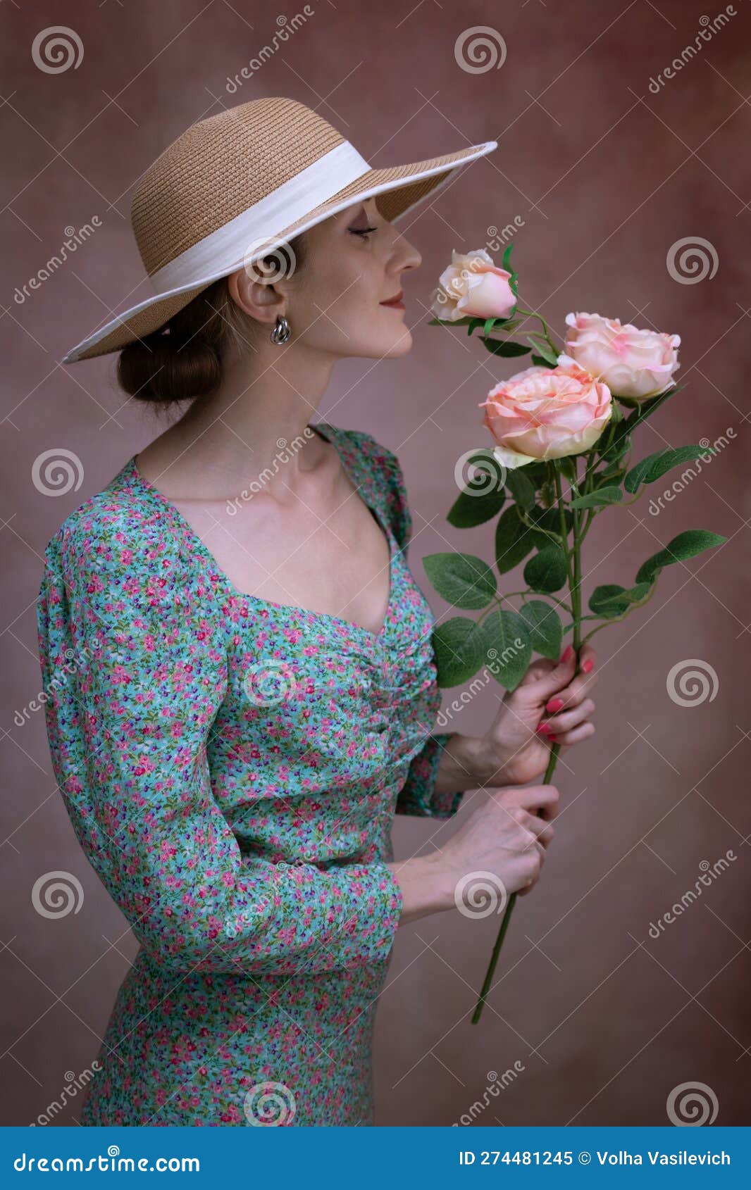 Romantic Woman in Hat with Bouquet of Flowers.Art Processing Stock ...
