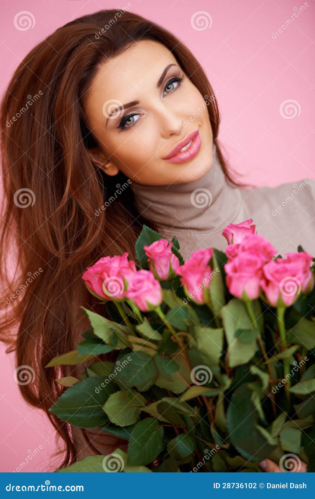 Romantic Woman with Pink Roses Stock Photo - Image of glamorous ...