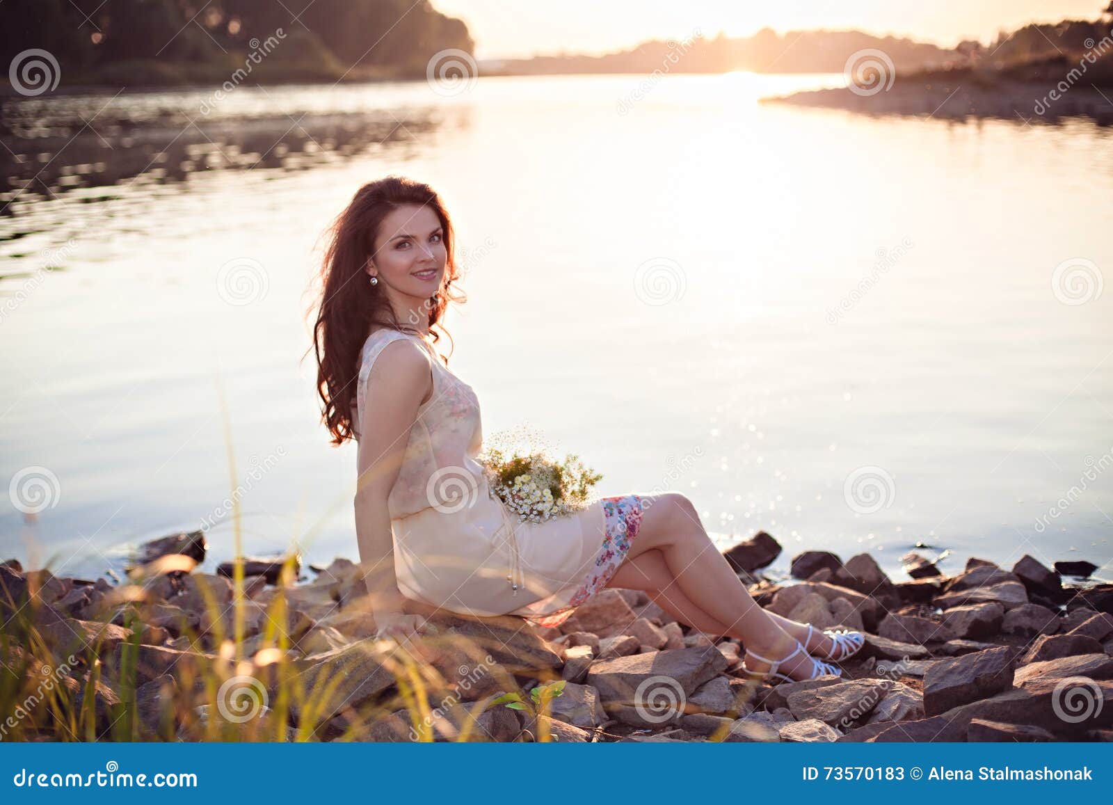 Romantic Young Beautiful Woman at Sunset Stock Image - Image of lake ...