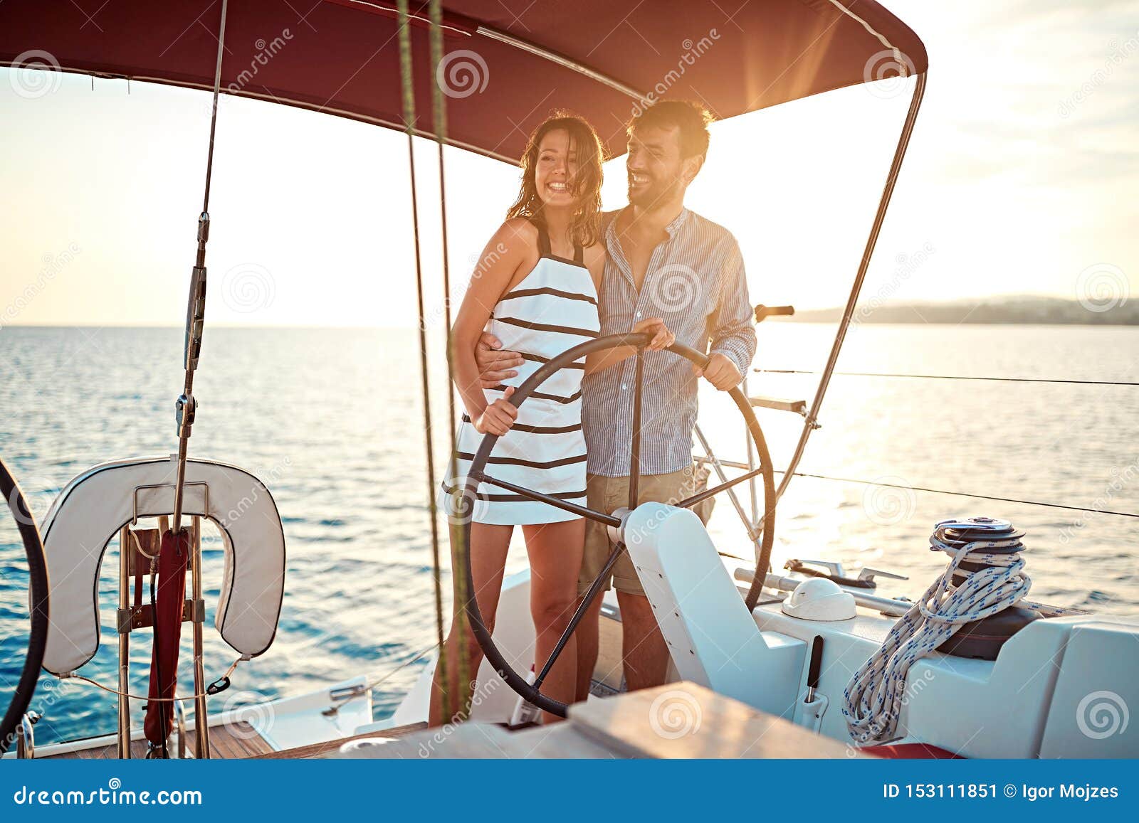 Romantic Couple On Boat Together Enjoy At Sunset On Vacation Stock Image Image Of Holiday