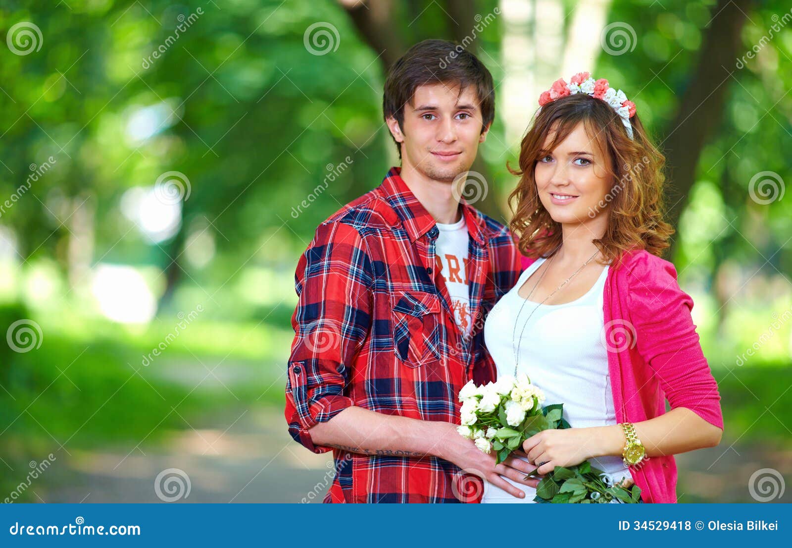 Romantic Young Couple in Spring Park Stock Photo - Image of portrait ...