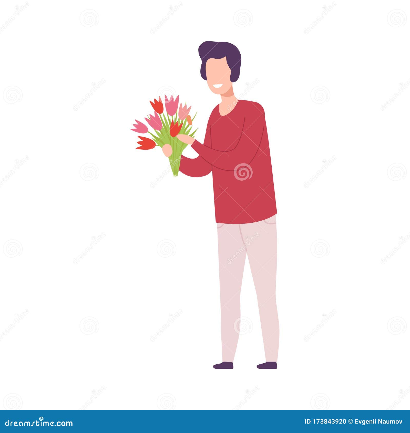 Romantic Young Man with Bouquet of Pink Spring Flowers Flat Vector ...