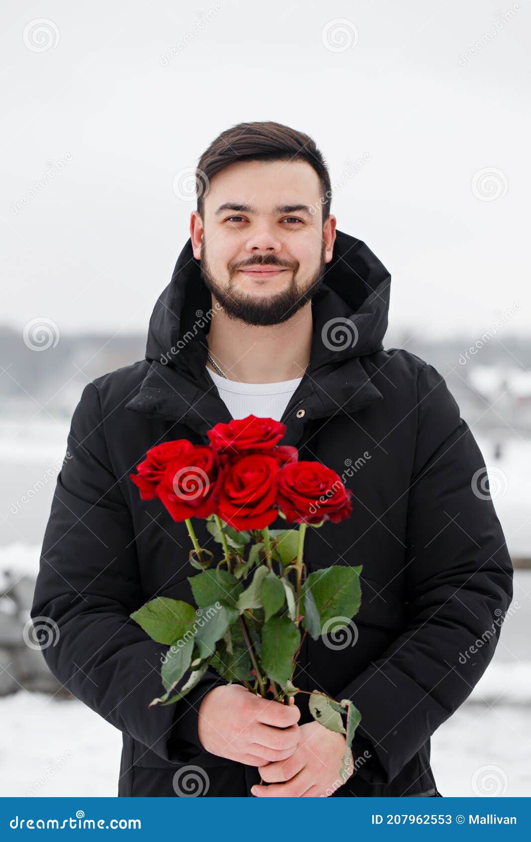 Romantic Young Man with Bouquet of Red Roses in Hands Stock Image ...