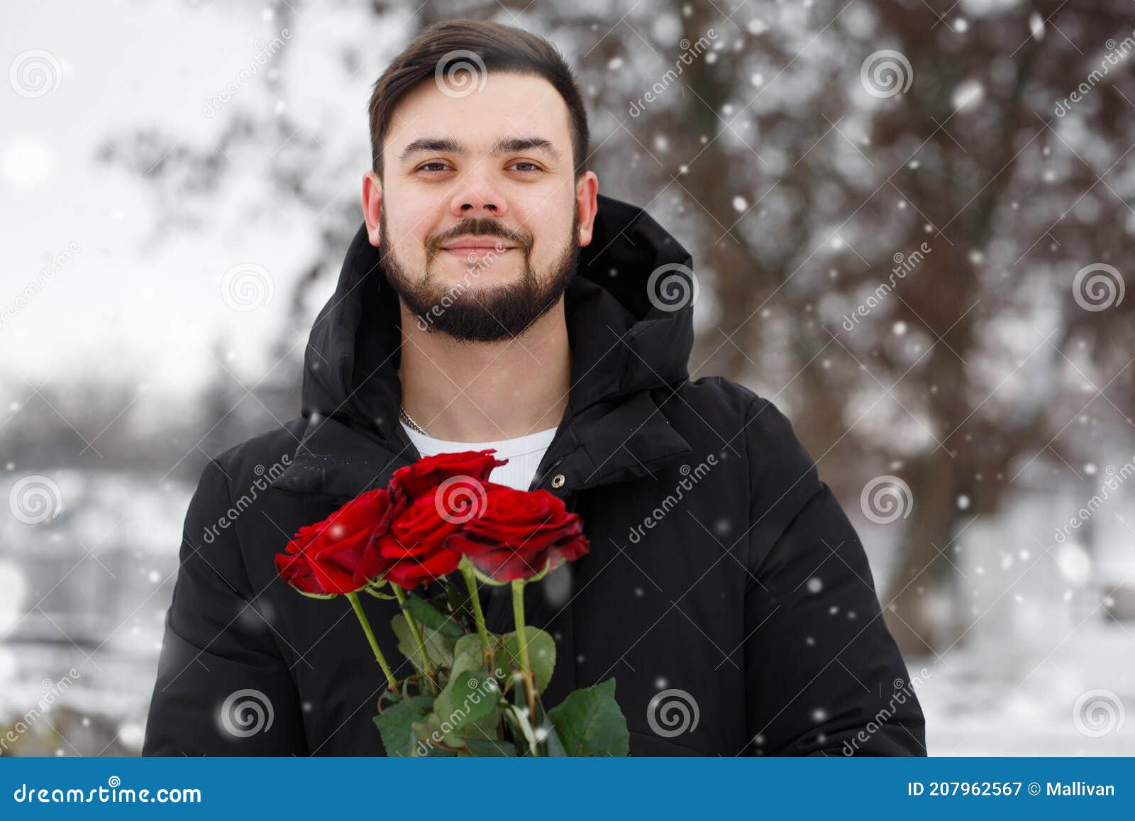 Romantic Young Man with Bouquet of Red Roses Stock Image - Image of ...