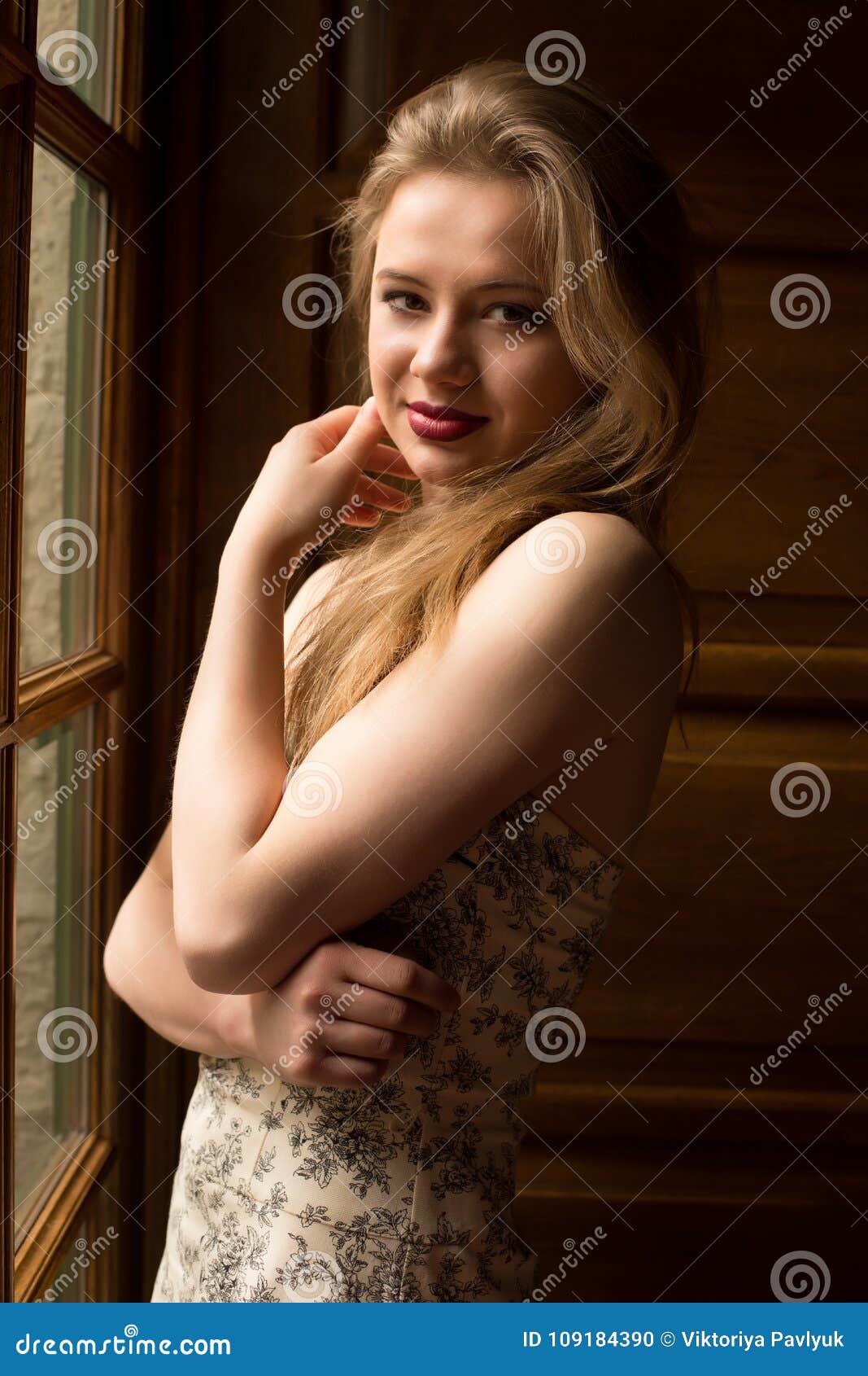 Romantic Blonde Woman With Long Hair Wearing Dress With Naked Sh Stock ... Romantic Blonde Woman With Long Hair Wearing Dress With Naked Sh Stock ...