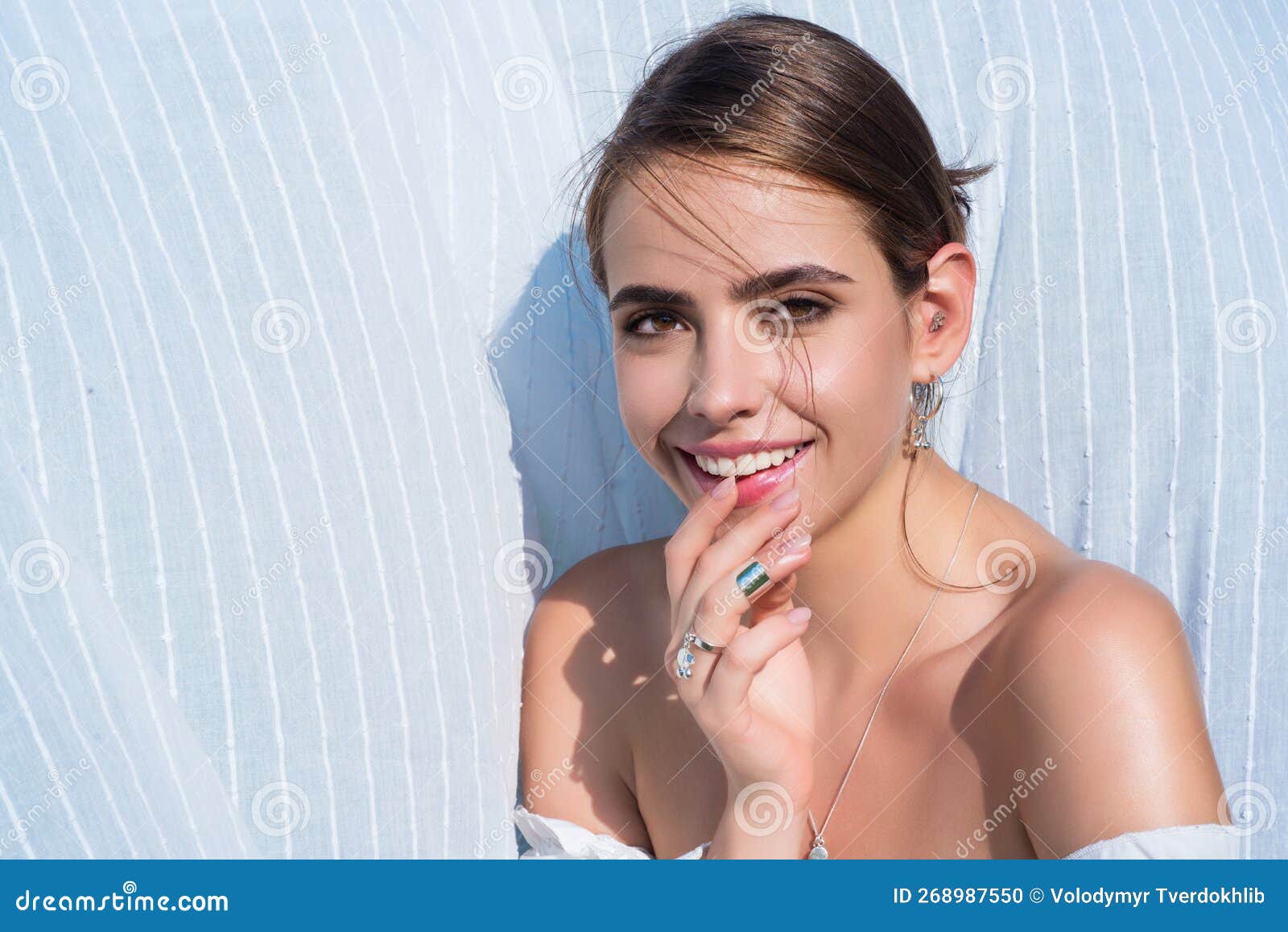 Romantic Young Woman Posing Near Summer Greenery Outdoor Country Style