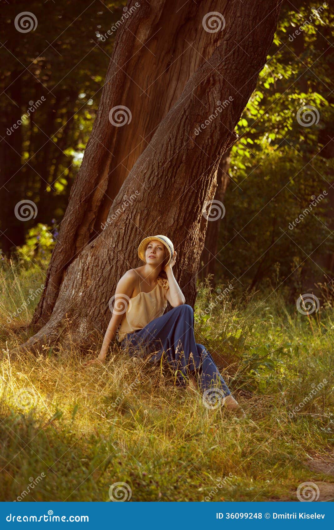 Romantic Young Woman Sitting Under a Tree Stock Photo - Image of nature ...