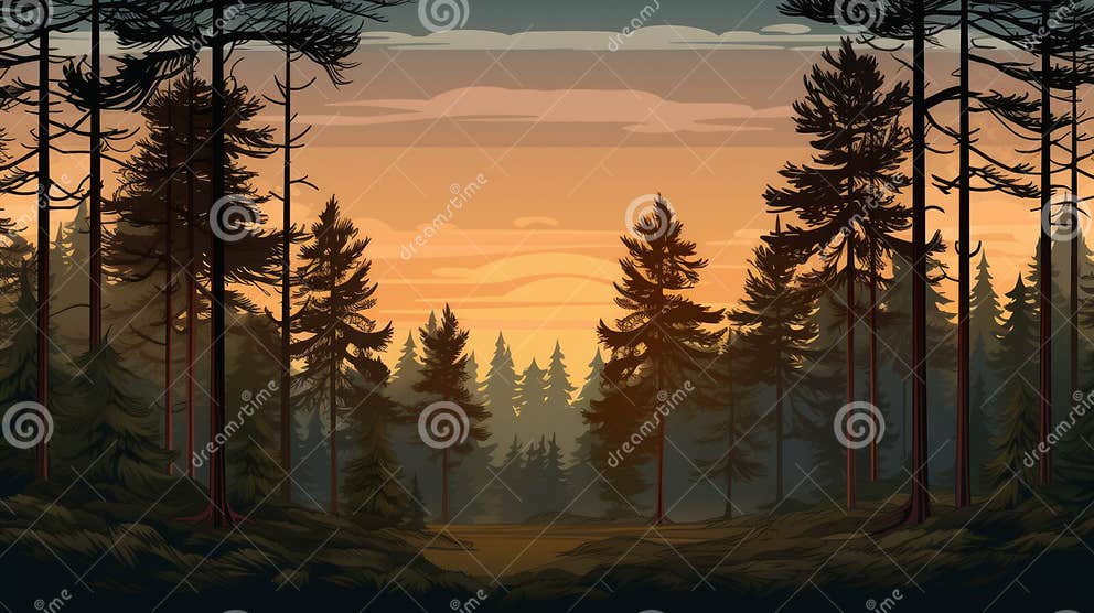 Romanticized Forest Vector Background with Sunset Stock Illustration ...