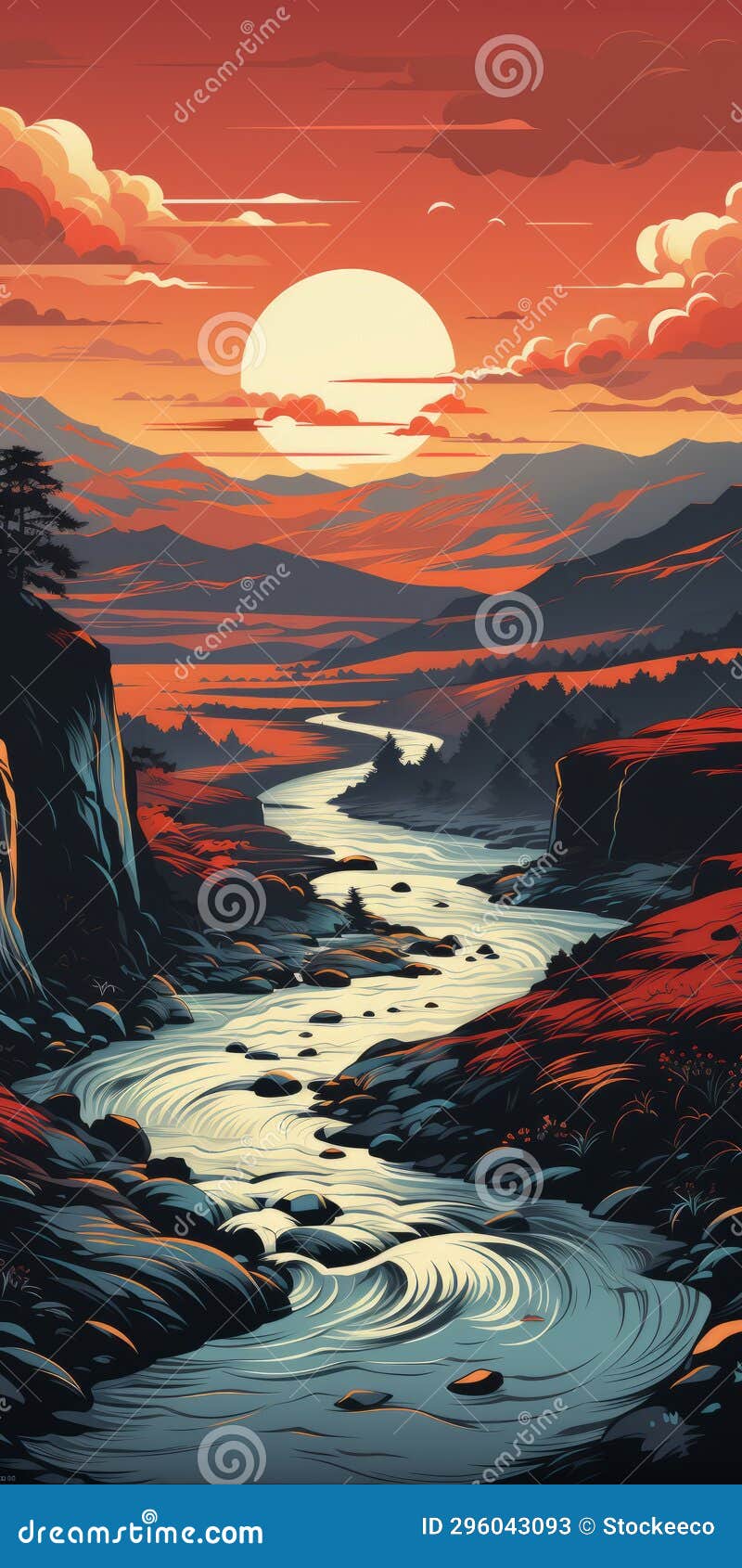 Romanticized Red River Vector Illustration for Vintage Poster Design ...