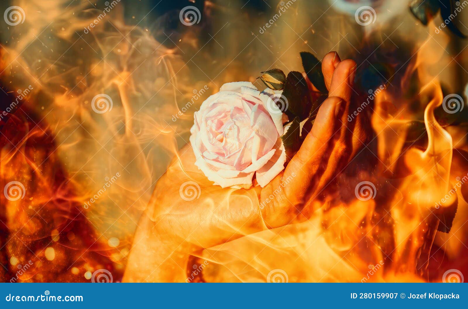 Romantinc Pink Rose in Woman Hand, Fire Effect. Stock Image - Image of ...