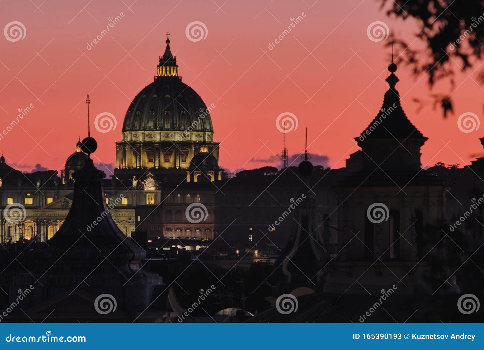 Rome, Italy, Dome of St Peter Basilica at Sunset on a Background of Red ...