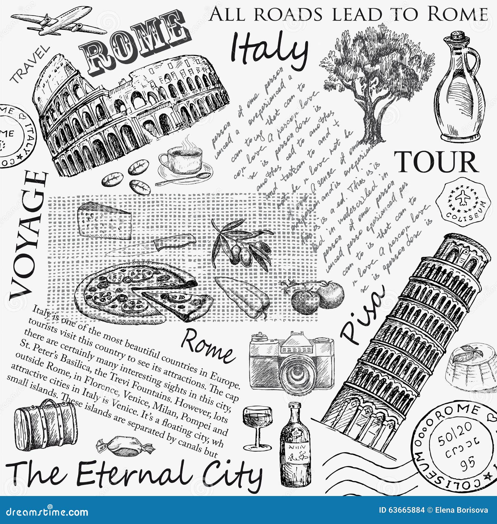 Italy Map Hand Drawn With Doodle Elements. Cultural Landmarks And ...