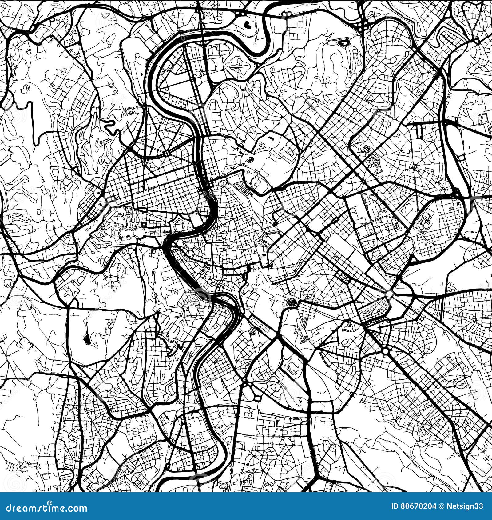 Rome, Italy, Monochrome Map Artprint Stock Illustration - Illustration ...