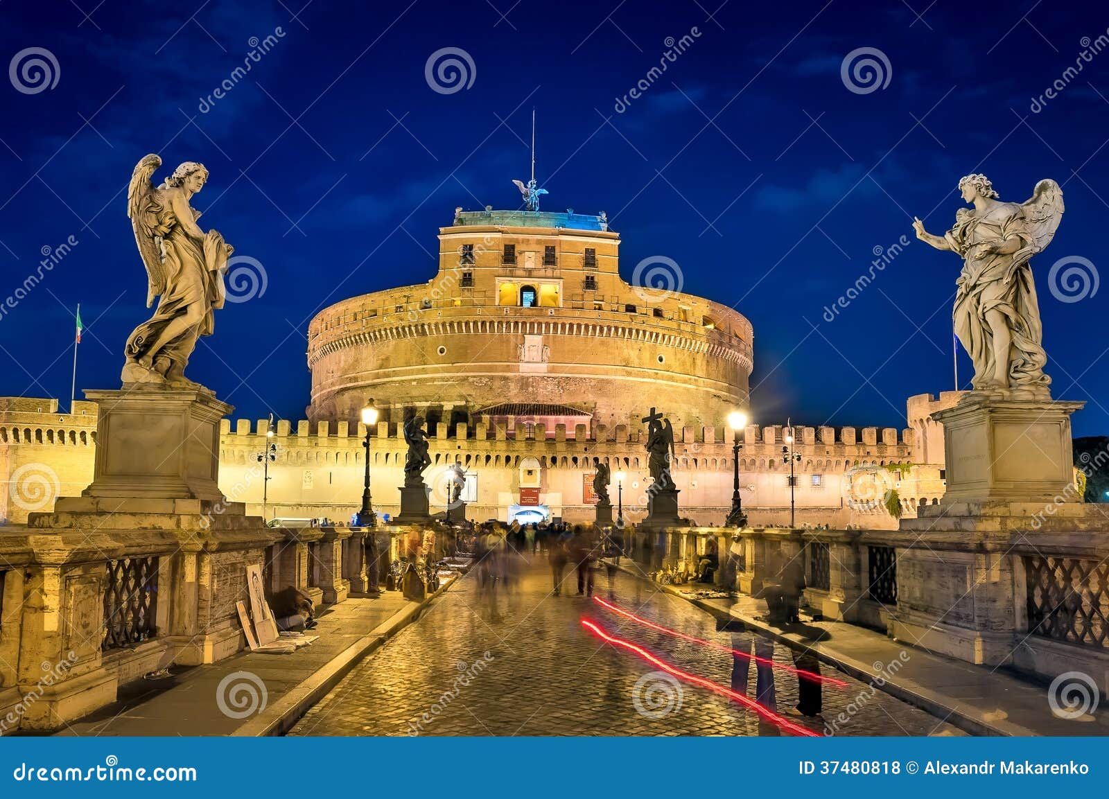 Rome, Le Pont De St Angelo, Paysage De Nuit. Photo stock - Image du ...