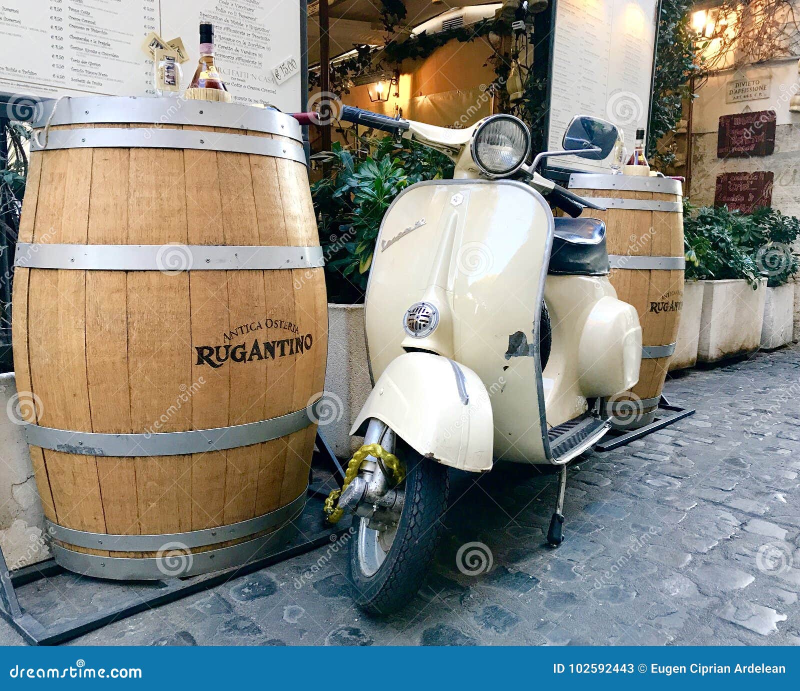 Rome - Vespa Scooter and a Wine Barrel Editorial Stock Photo - Image of ...