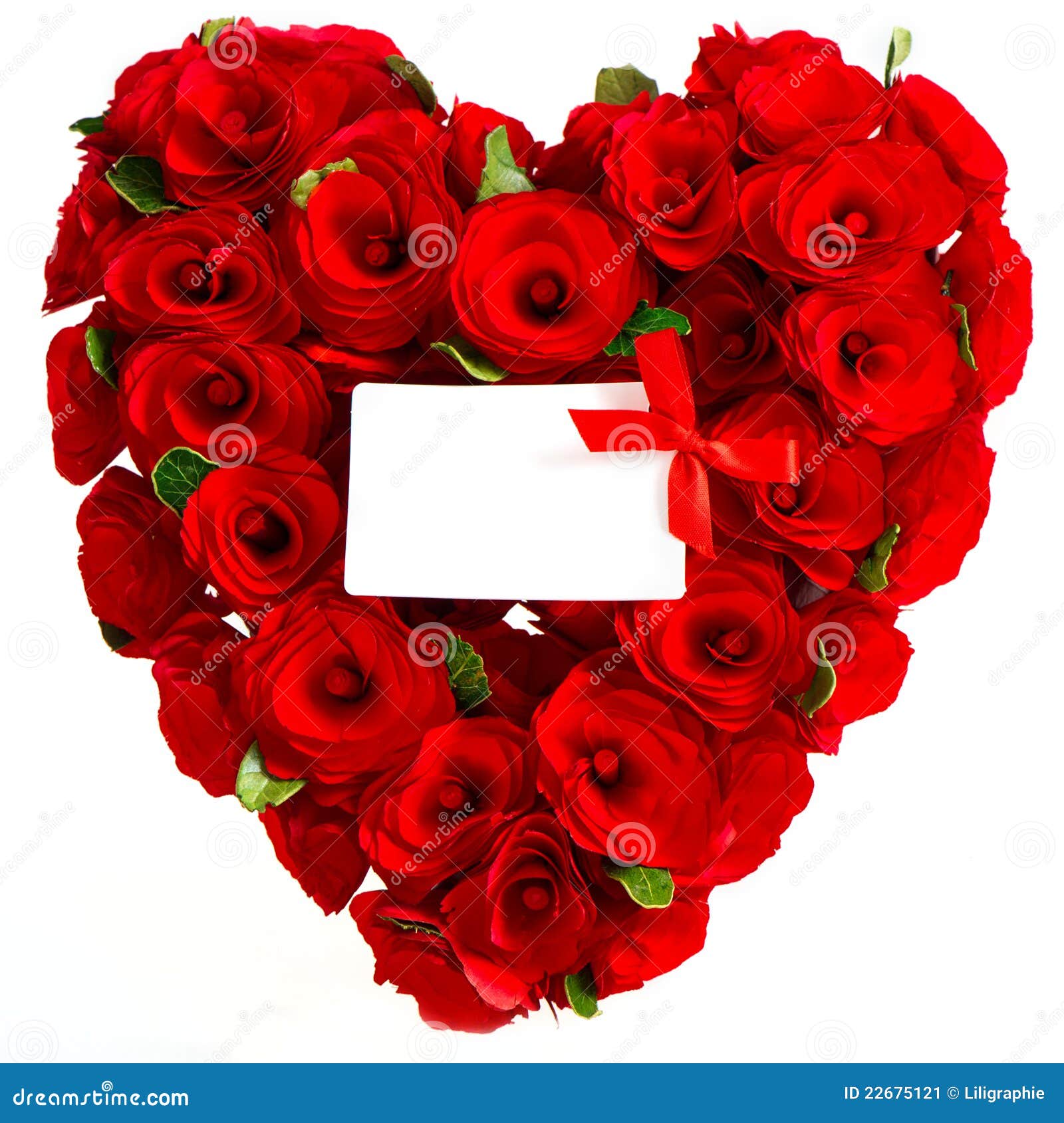 Rood Hart Van Rozen Met Witte Kaart Stock Afbeelding - Image of boog ...