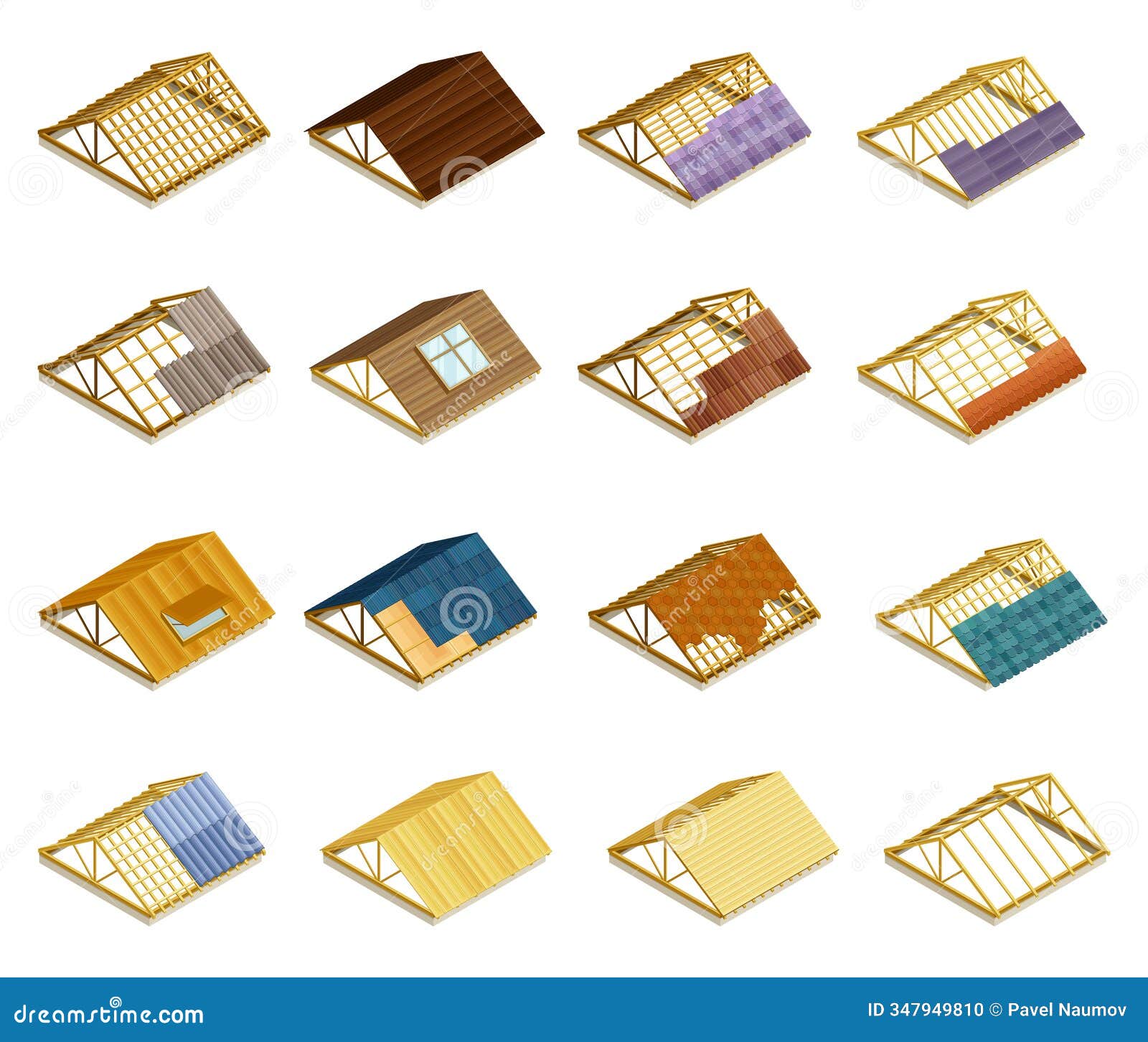 Roof Construction and Insulation Work Isometric Vector Set Stock ...