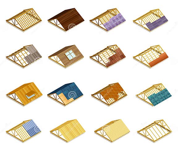 Roof Construction and Insulation Work Isometric Vector Set Stock ...