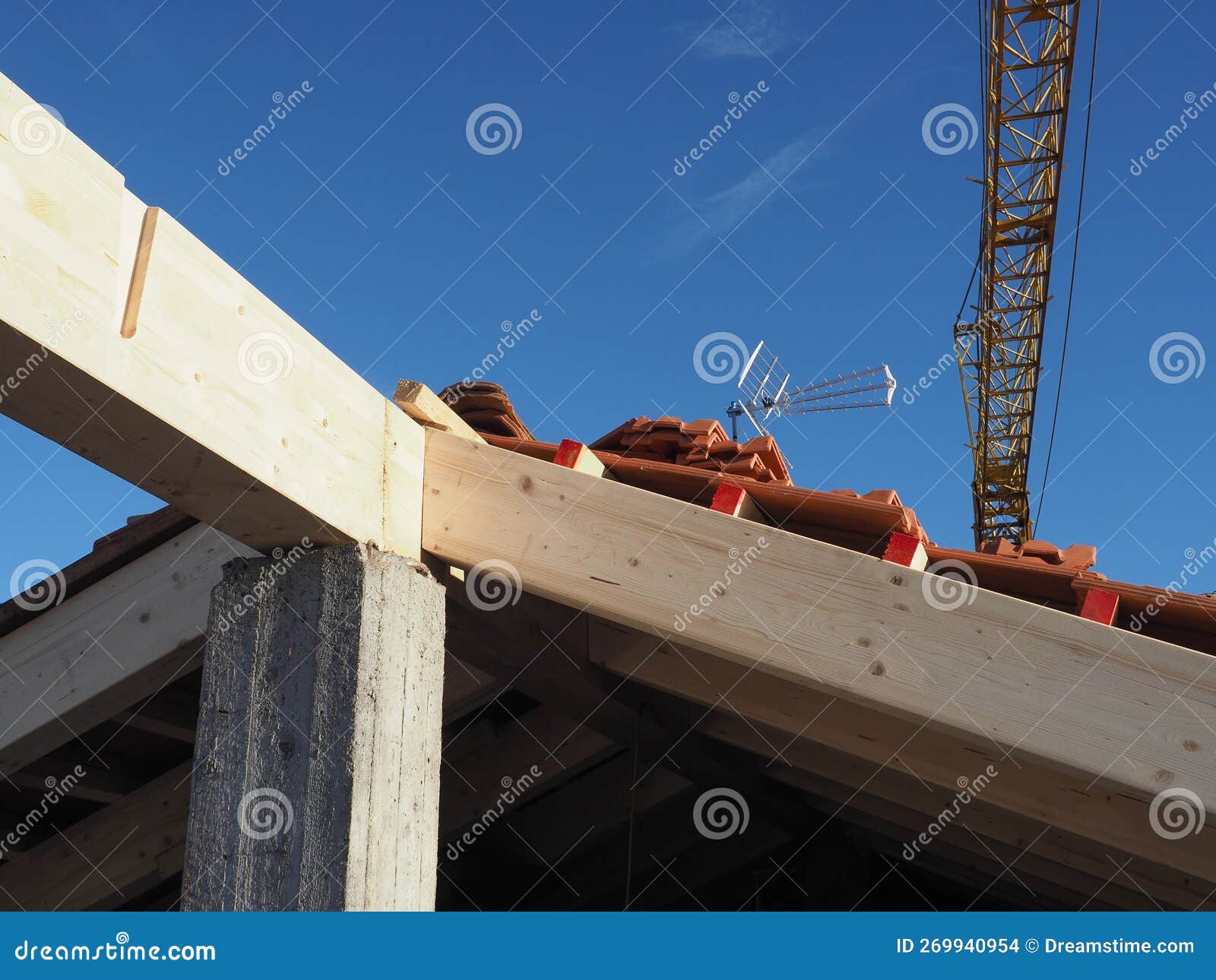 Roof construction works stock photo. Image of pillar - 269940954