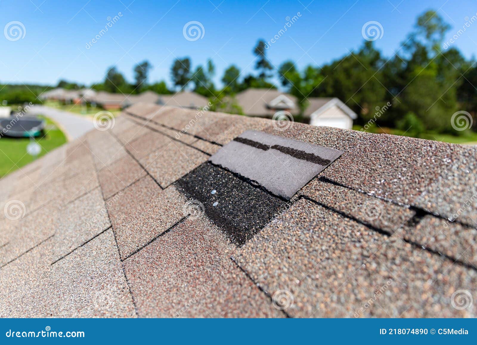 Roof damage after storm stock photo. Image of maintenance - 218074890