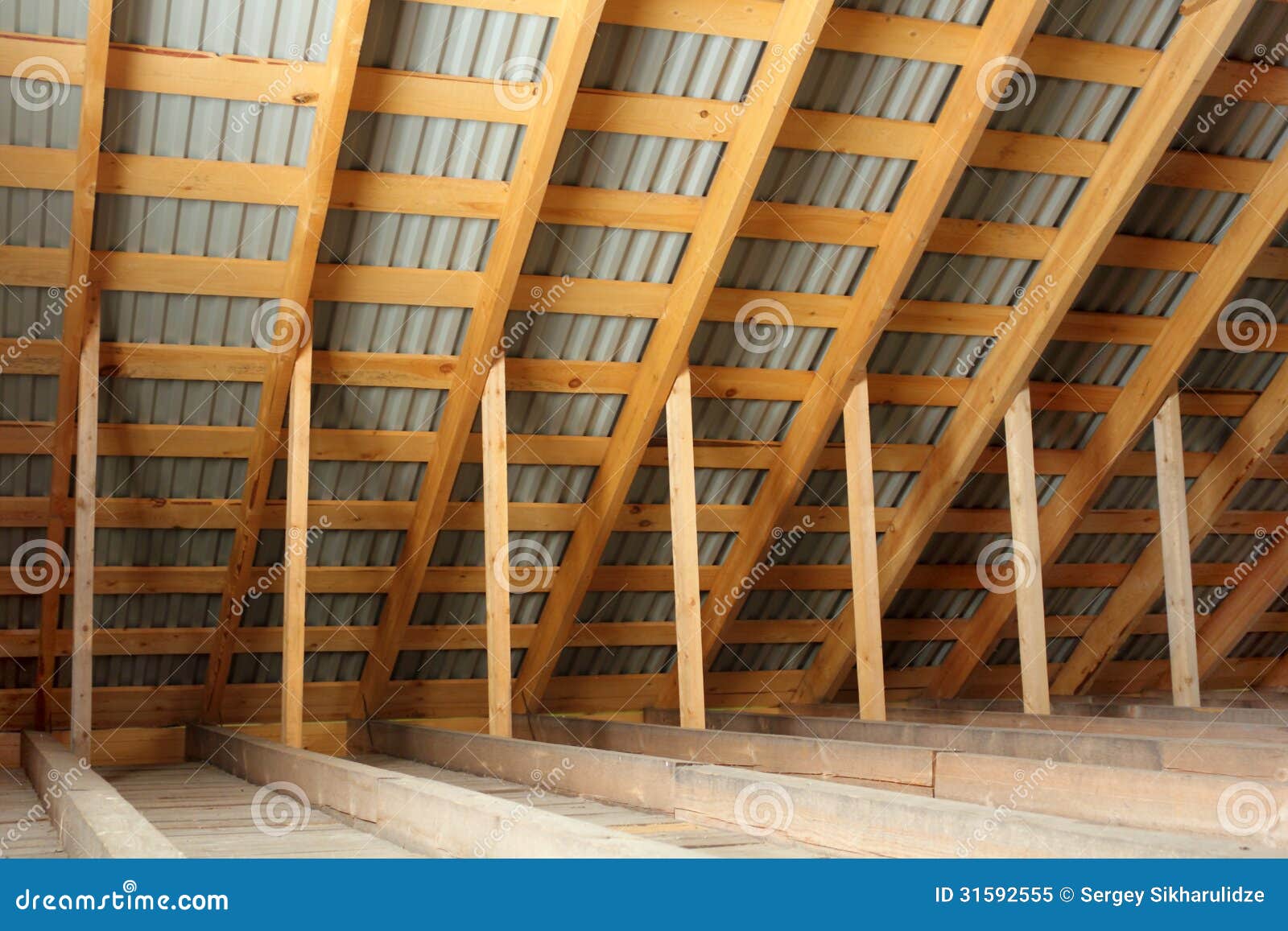 Roof Frame Covered by Profiled Metal Sheet Inside View Stock Image ...