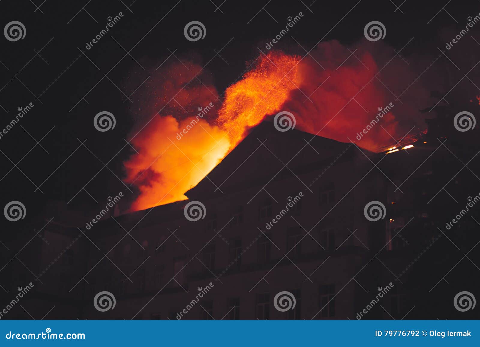 Roof House on Fire at Night Stock Photo - Image of danger, built: 79776792
