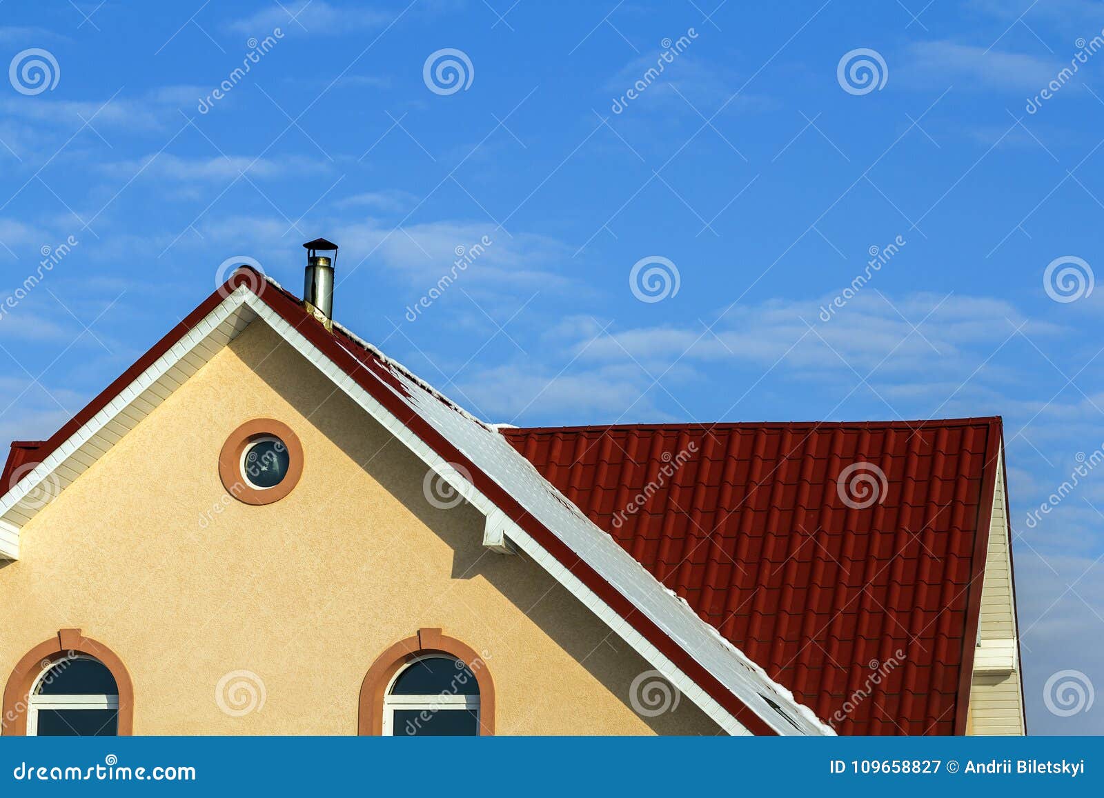 Roof of a New Built House with Nice Window and Chimney. Stock Image ...