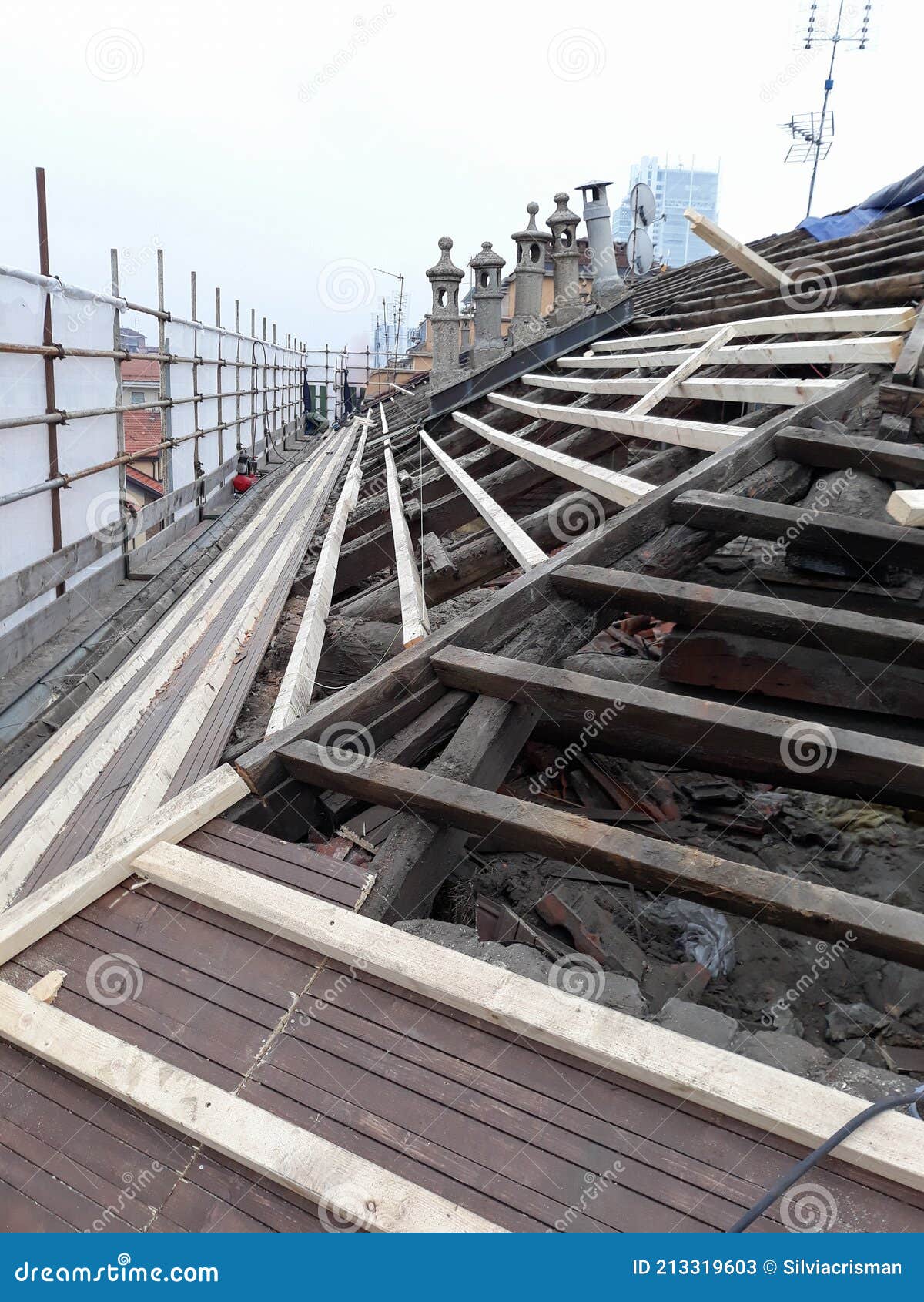 Roof refurbishment works stock image. Image of building - 213319603