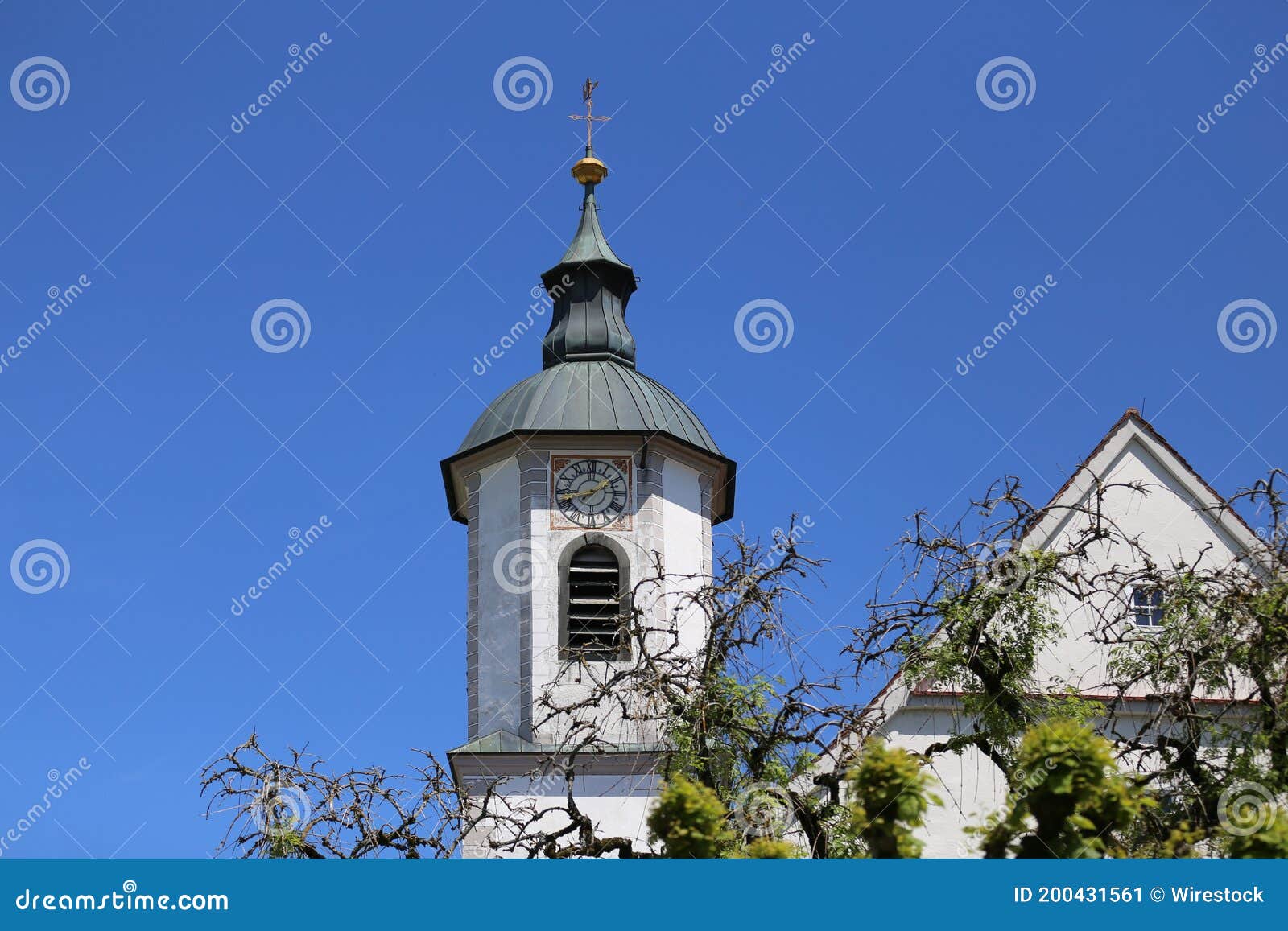 Roof and Tower of a Church on a Blue Sky Background Stock Image - Image ...
