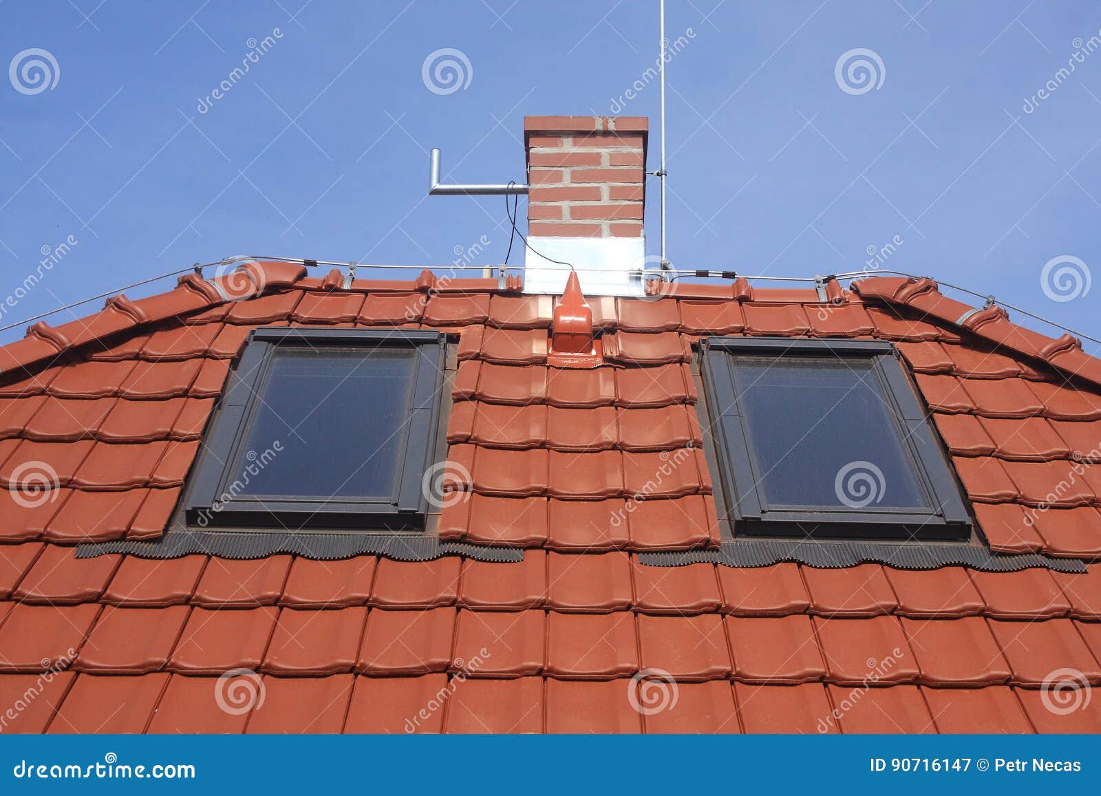 Roof Windows, Clay Tiles, Chimney and Lightning Stock Image - Image of ...