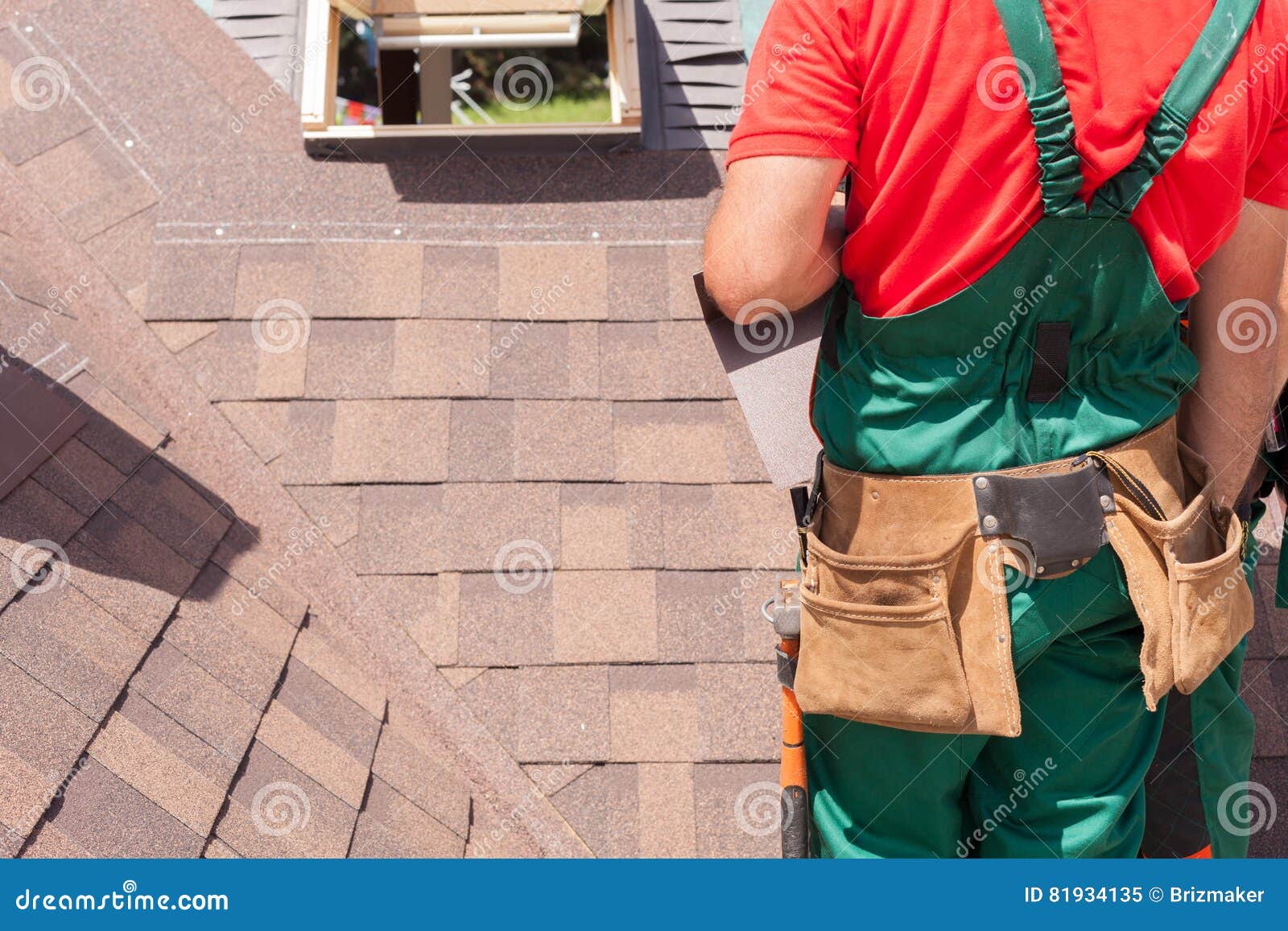 Roofer Builder Worker with Bag of Tools Installing Roofing Shingles ...