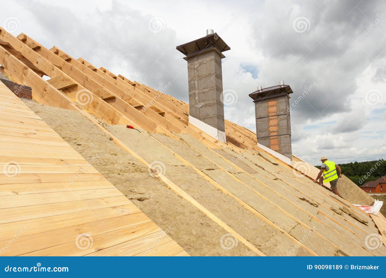 Roofer Builder Worker Installing Roof Insulation Material Rockwool on ...