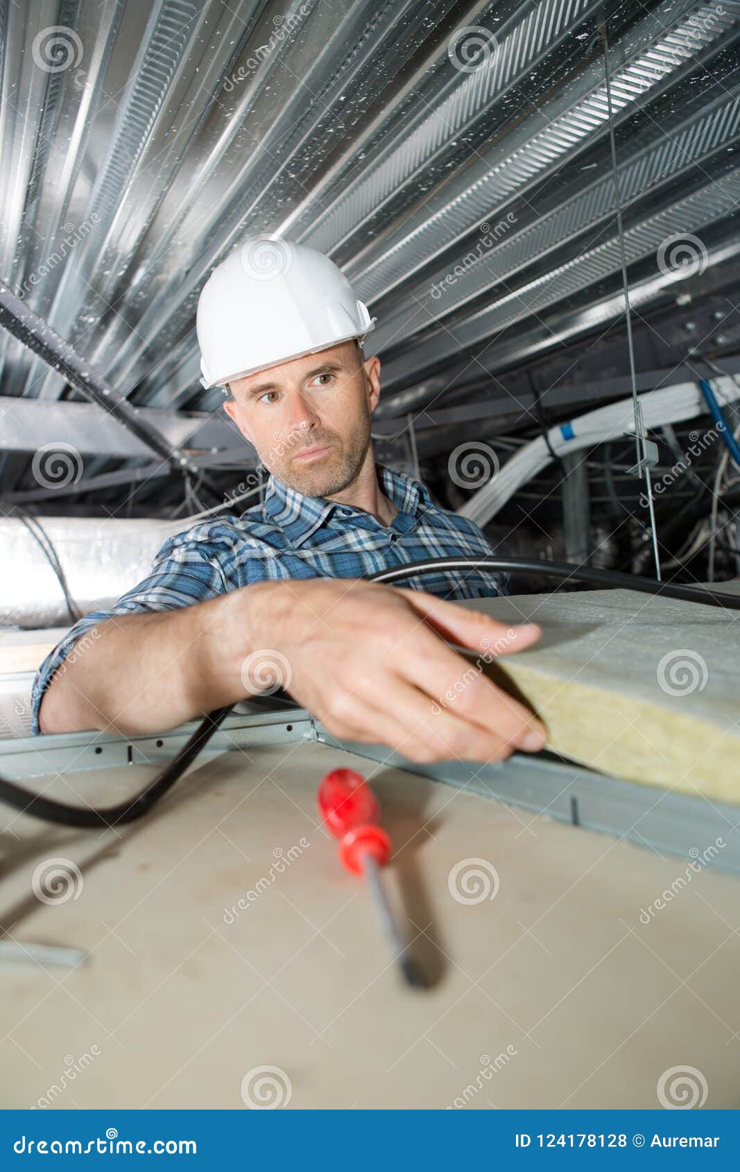 Roofer Builder Worker Installing Roof Insulation Material Stock Photo ...