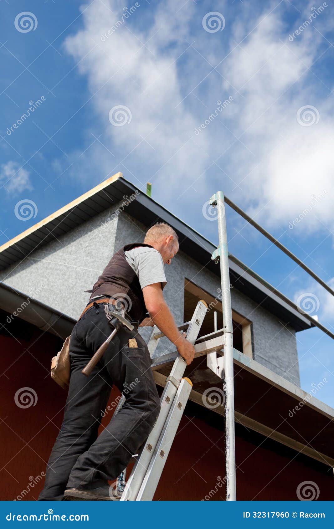Roofer Climbing a Ladder into the Scaffolding Stock Photo - Image of ...