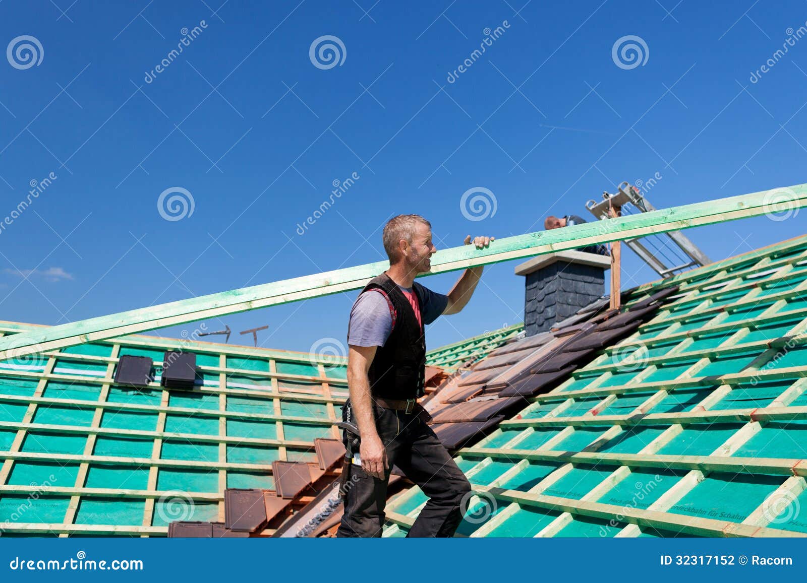 Roofer Climbing the Roof with a Beam Stock Photo - Image of home, pitch ...