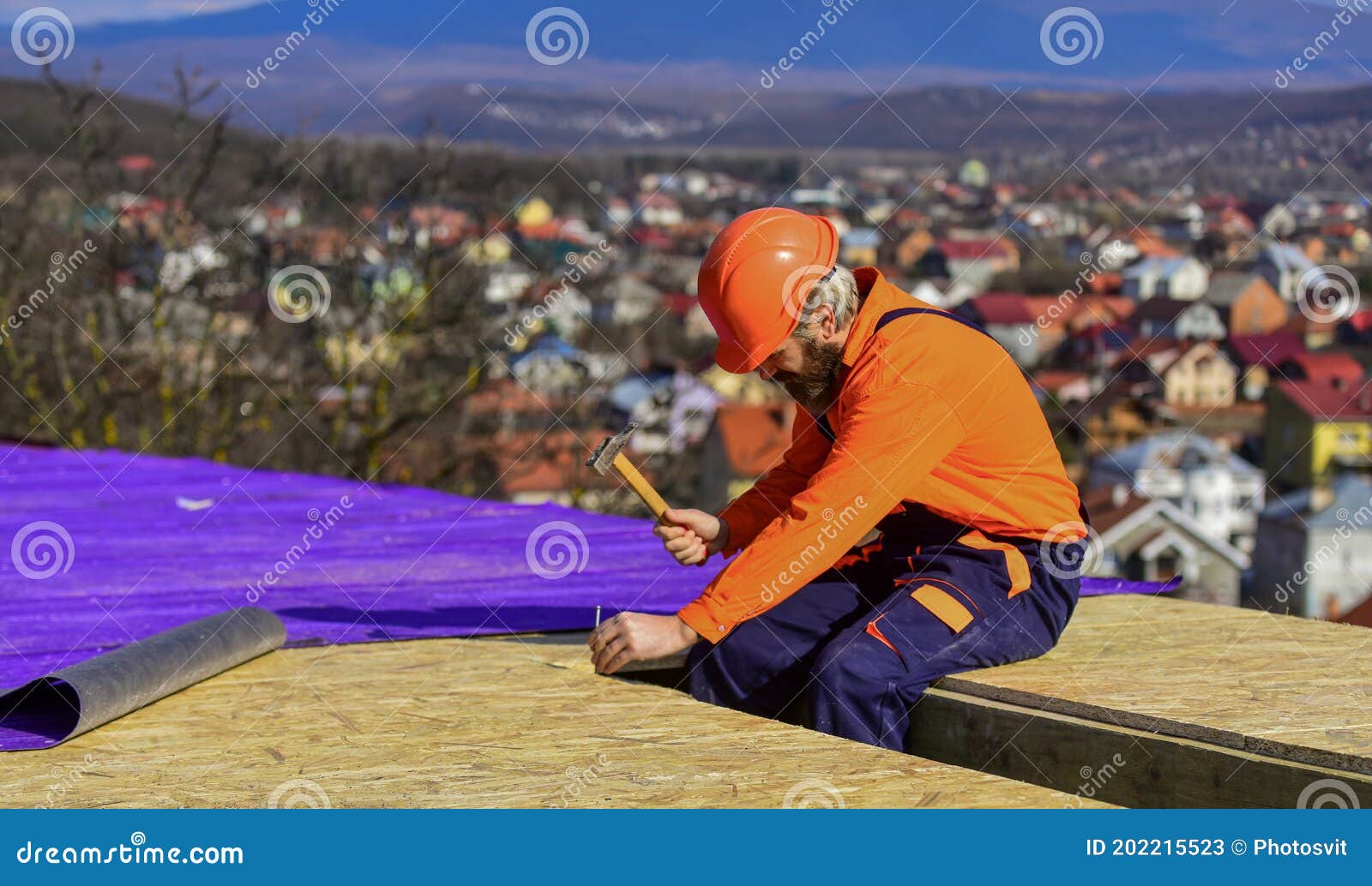 Roofer Constructing Roof. Man Roofing Surface. Install Partially ...