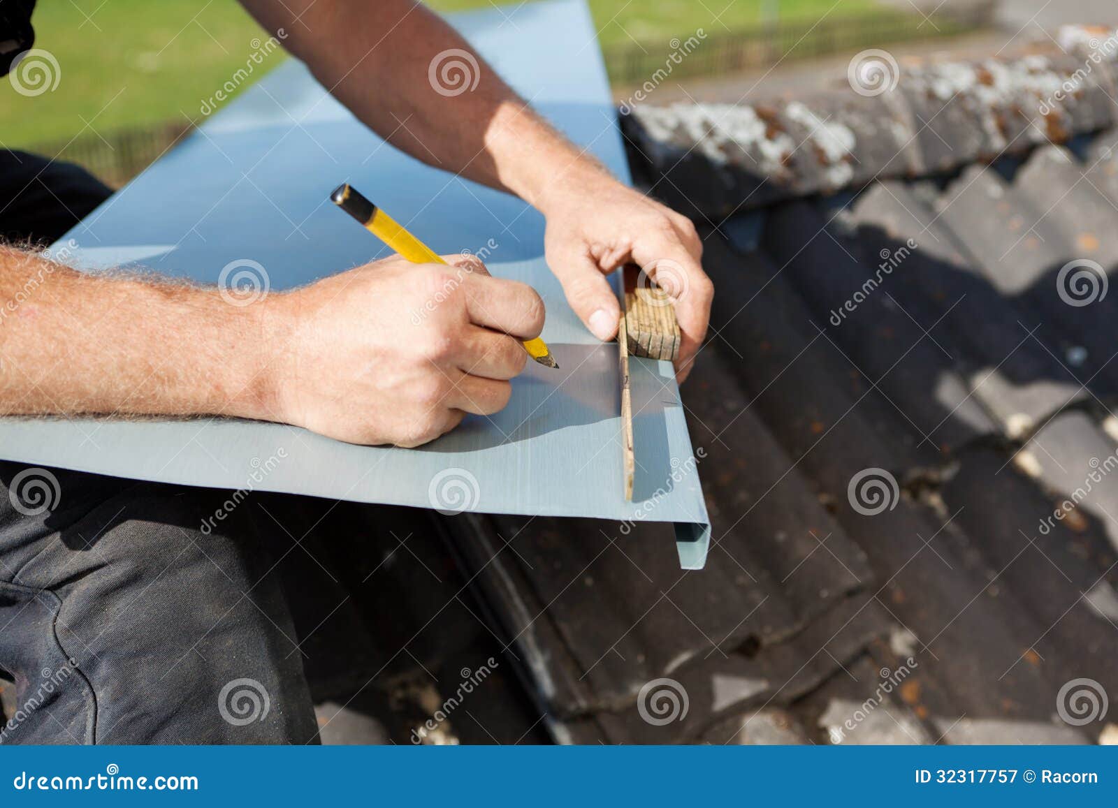 Roofer Measuring and Marking a Metal Sheet Stock Image - Image of ...