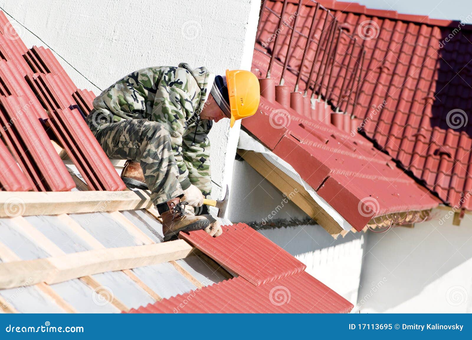 Roofer nailing clay tile stock image. Image of screwdriver - 17113695