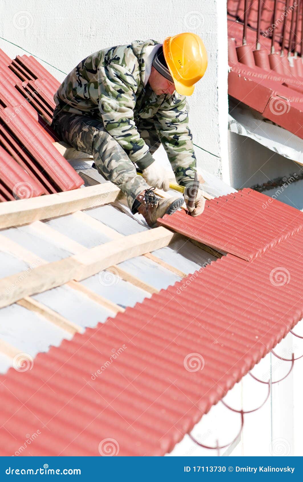 Roofer nailing clay tile stock photo. Image of site, roofer - 17113730