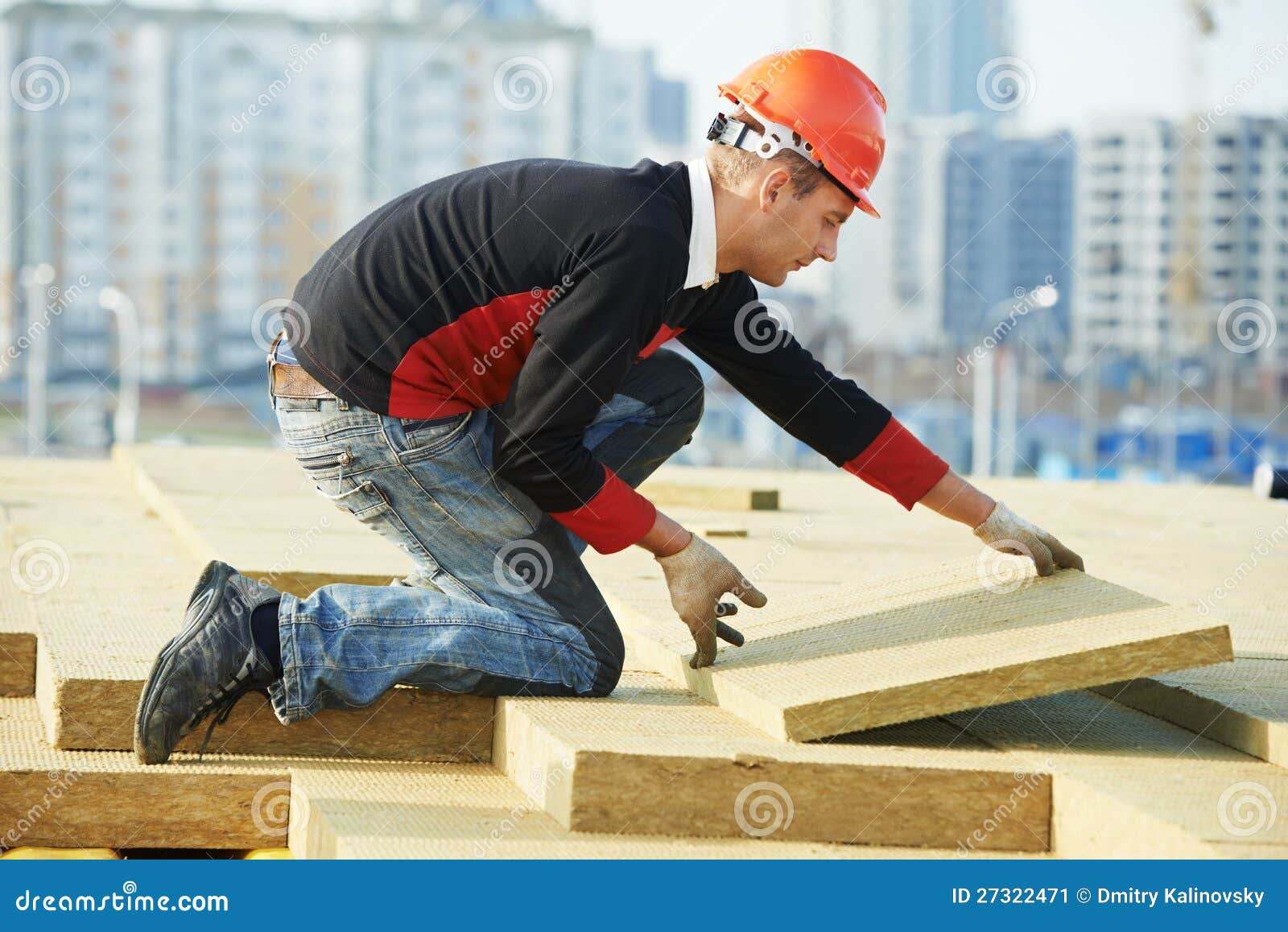 Roofer Worker Installing Roof Insulation Material Stock Image - Image ...