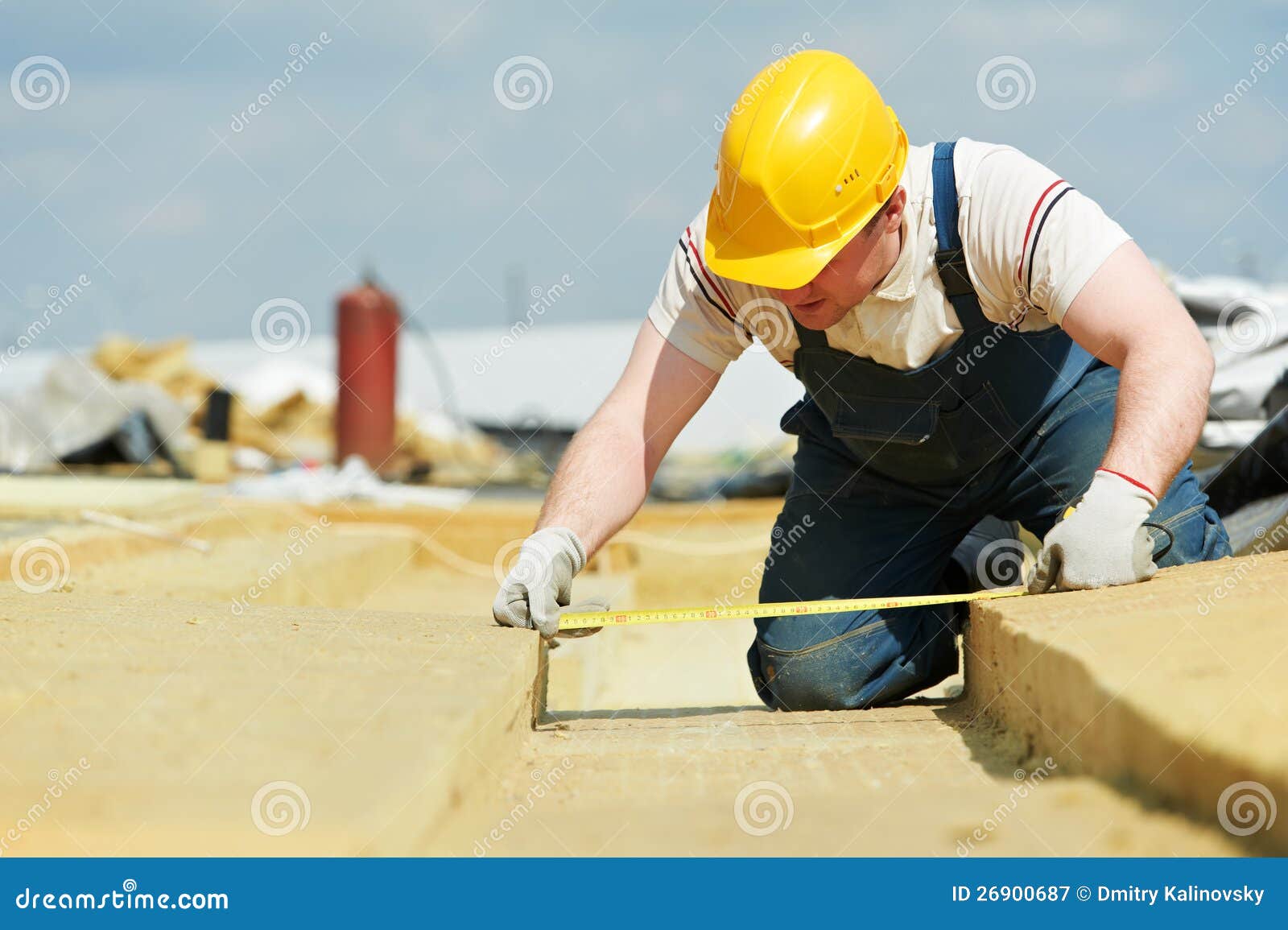Roofer Worker Measuring Insulation Material Stock Image - Image of ...