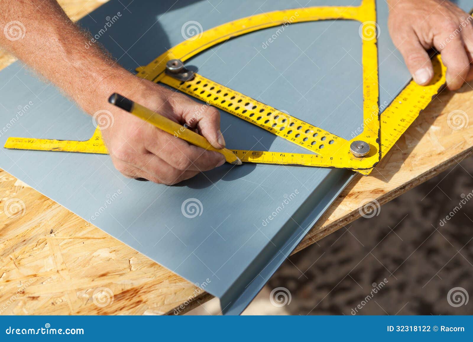 Roofer Working with a Protractor on a Metal Sheet Stock Photo - Image ...