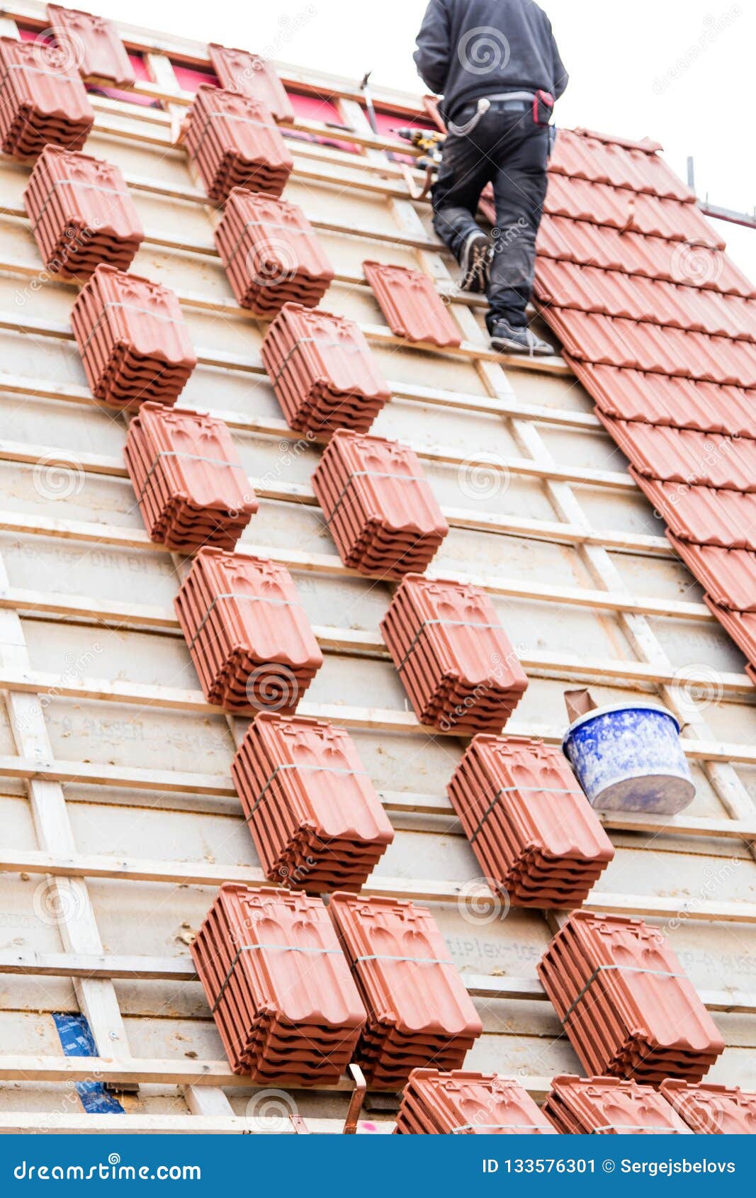 Roofer Working on Roof Structure of Building on Construction Sit Stock ...