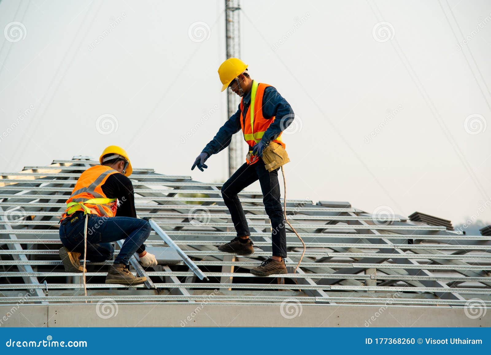 Roofer Working on Roof Structure are Installing New Roof. Stock Photo ...