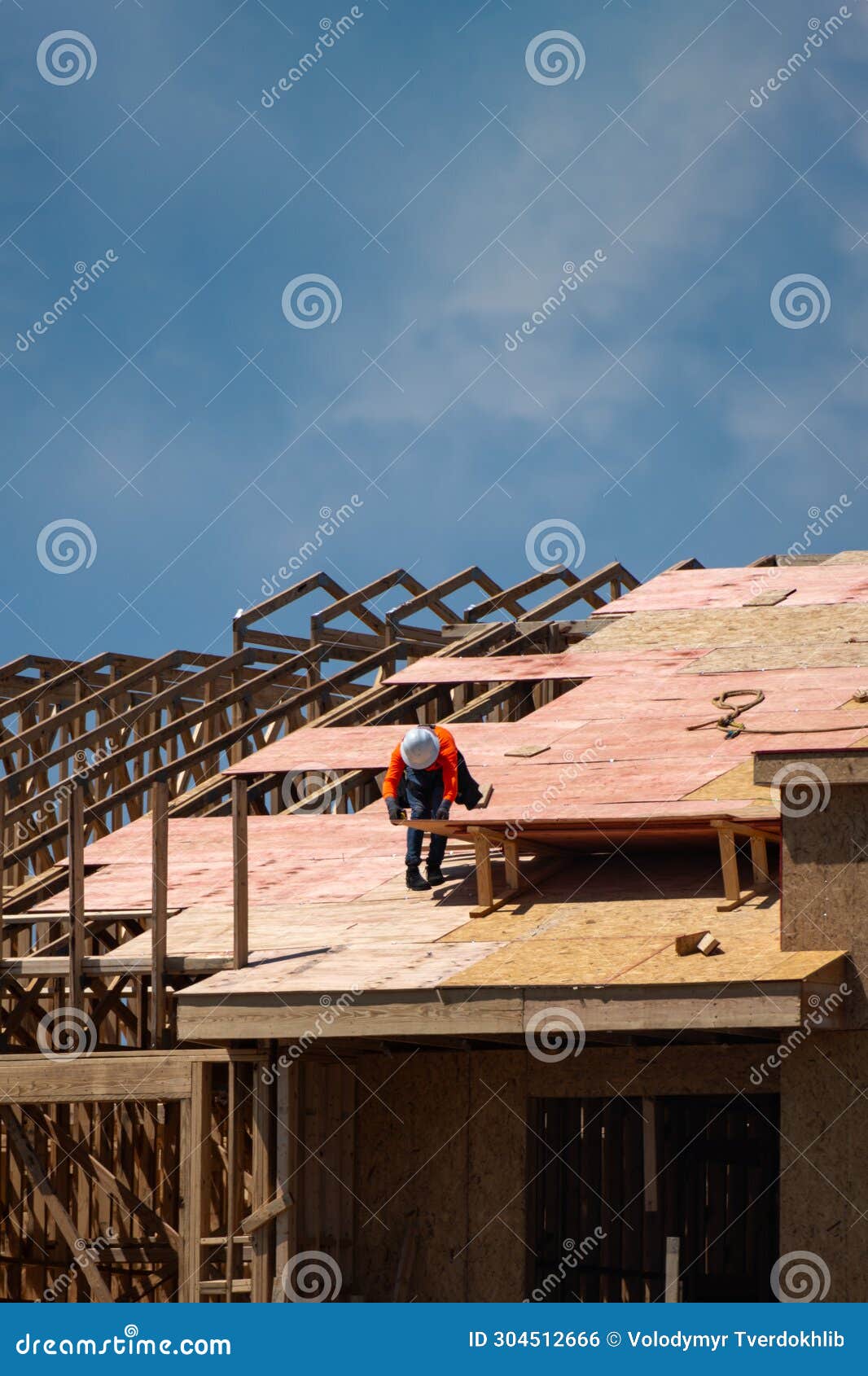 Roofing on Rooftop. Builder Roofer Install New Roof Stock Photo - Image ...