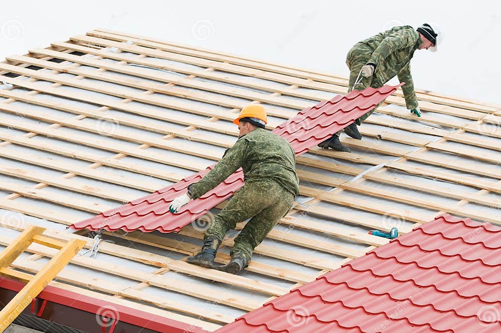 Roofing Work with Metal Tile Stock Photo - Image of brick, journeyman ...